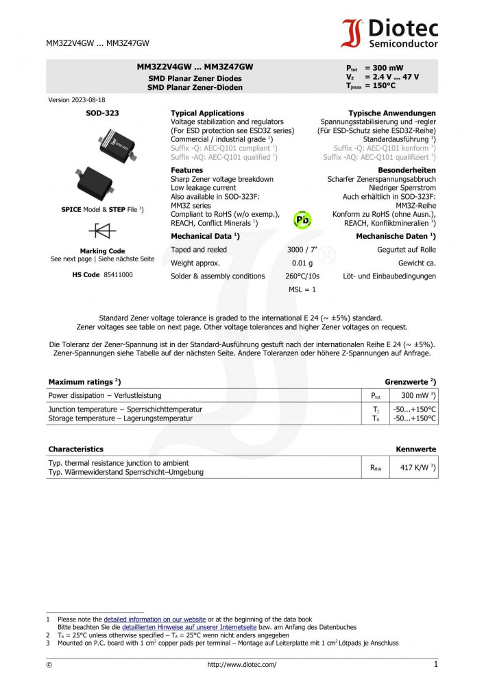 DIOTEC MM3Z series datasheet page 1
