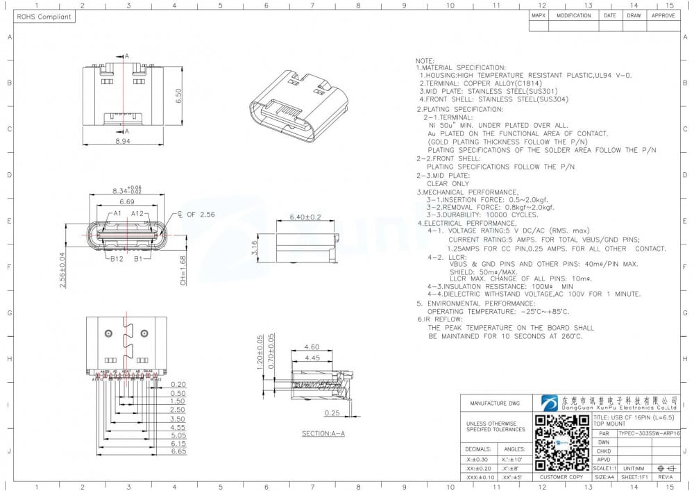 TYPEC-303SSW-ARP16 manufacturing drawing page 1