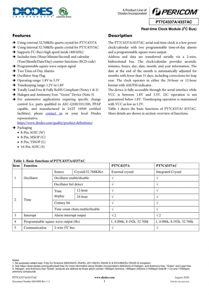 PT7C4337A datasheet page 1