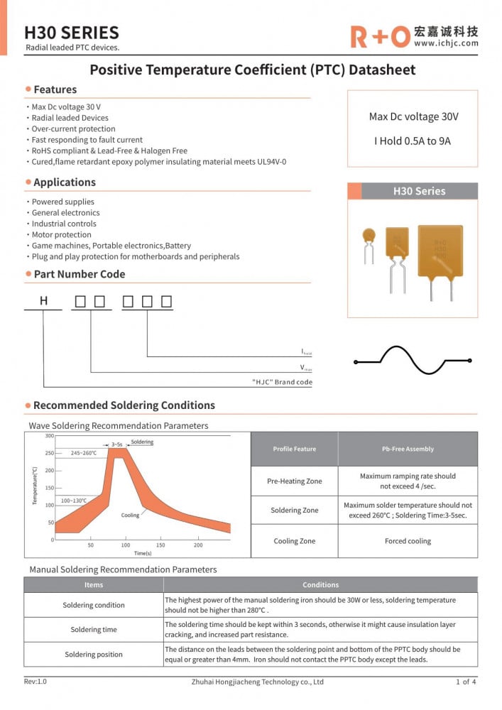 R+O H30 series PPTC datasheet page 1
