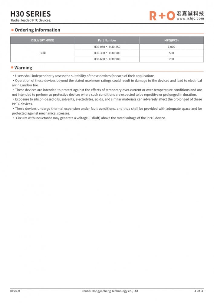 R+O H30 series PPTC datasheet page 4