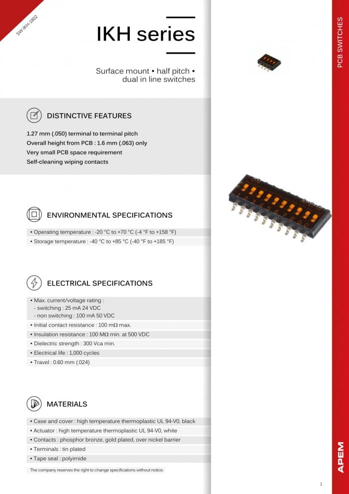 APEM IKH series specifications page