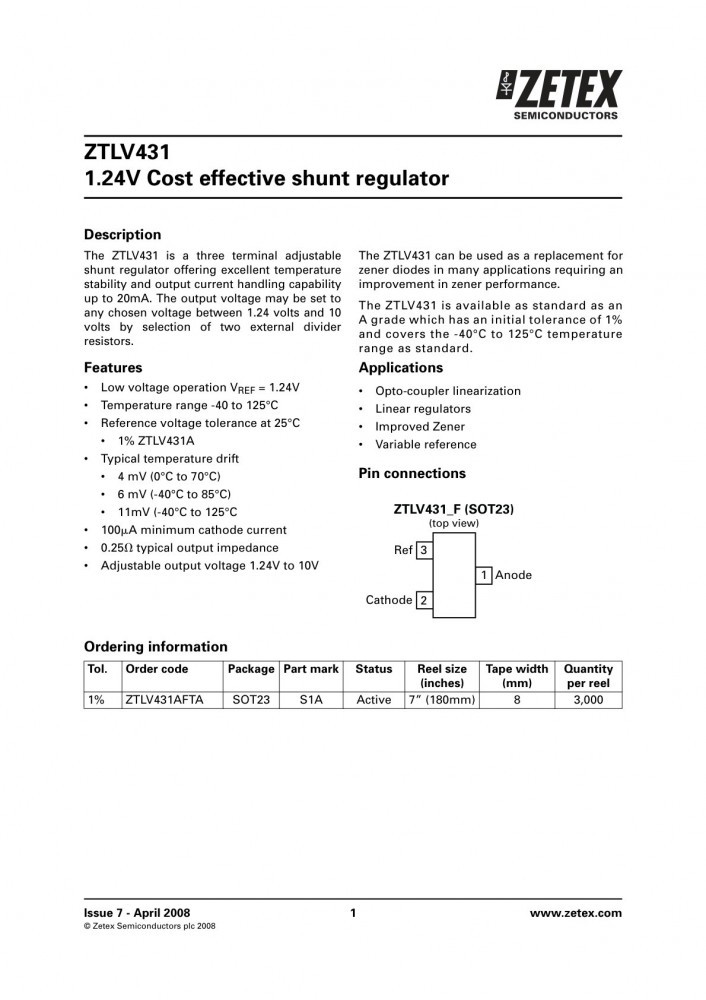 ZTLV431AFTA datasheet page 1