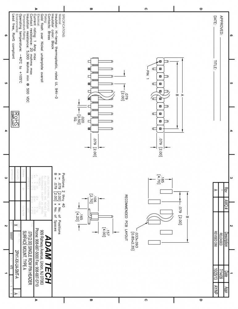 ADAM TECH 2.00 mm single-row SMT pin header Type A product drawing