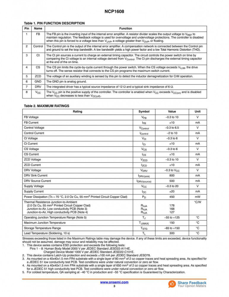 NCP1608 datasheet page 3