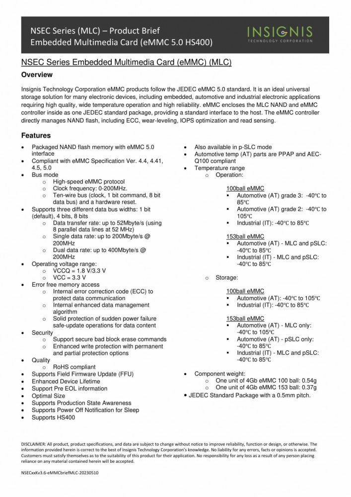 NSEC Series eMMC document page 1
