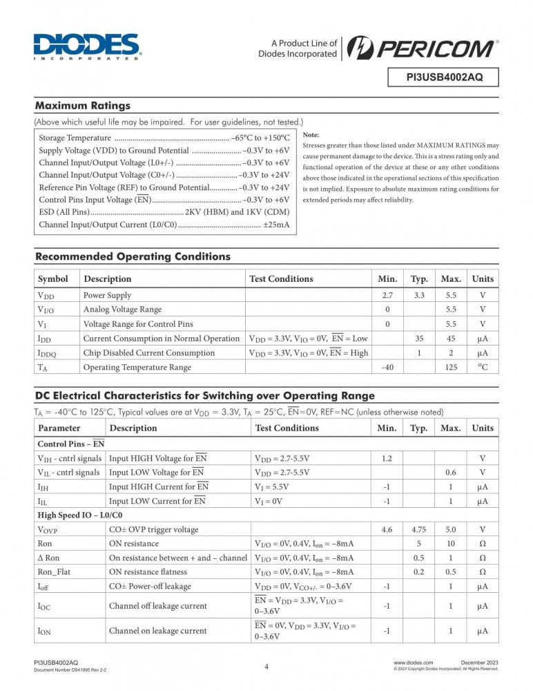 PI3USB4002AQ1ZUAEX datasheet page 4
