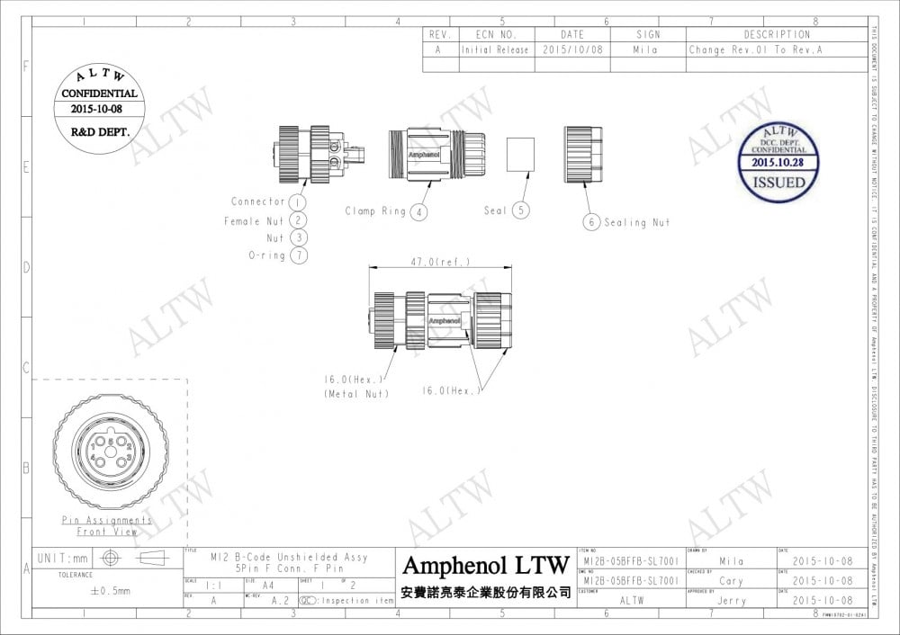 Amphenol M12B-05BFFB-SL7001 technical drawing page 1