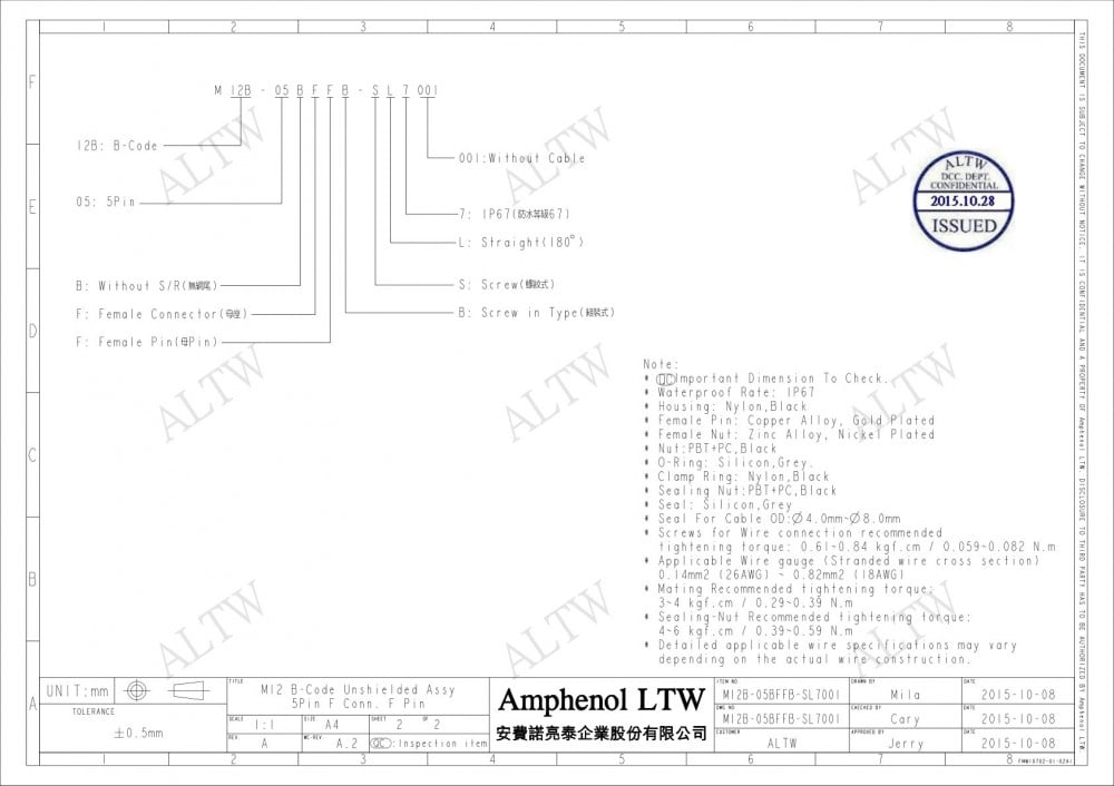 Amphenol M12B-05BFFB-SL7001 technical drawing page 2