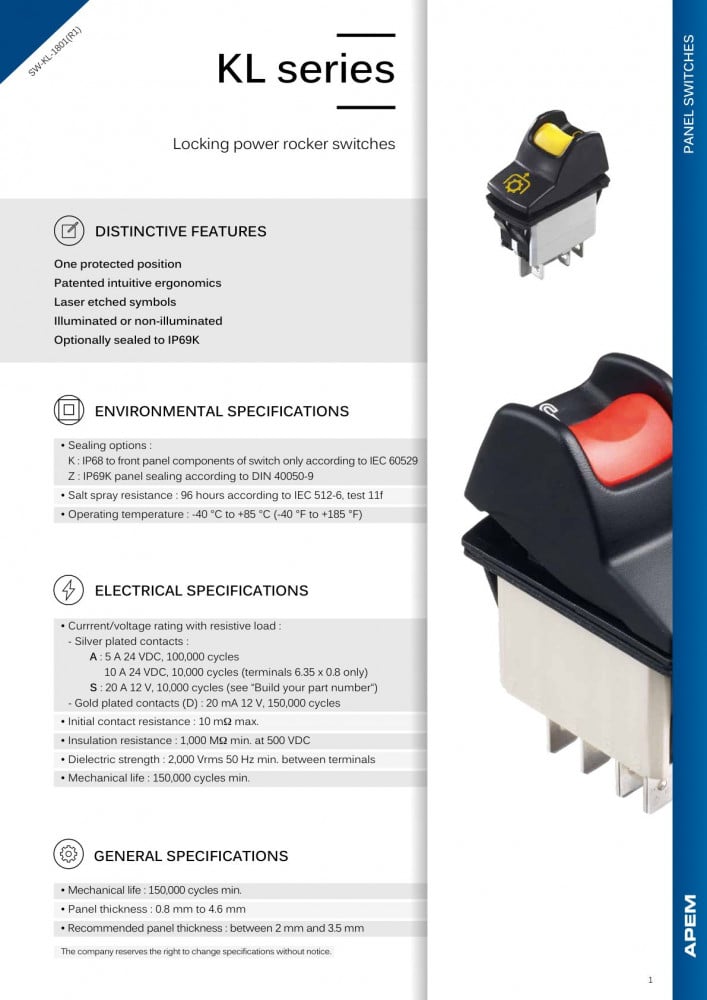 APEM KL series datasheet page 1