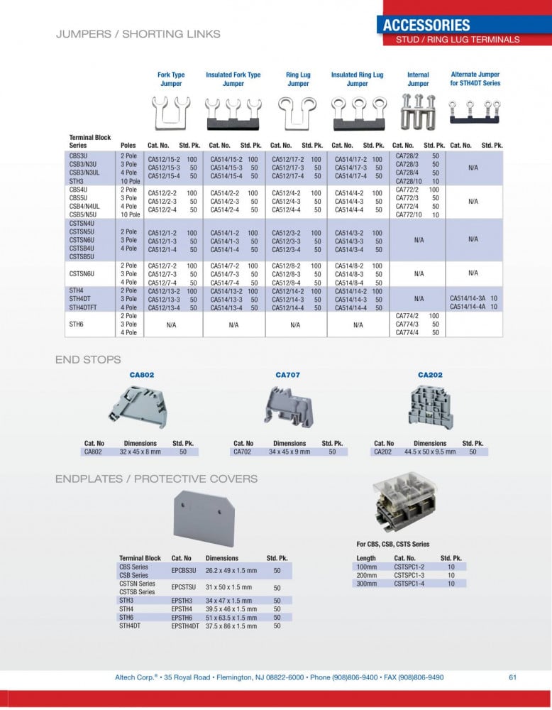 Altech terminal block accessory catalogue page