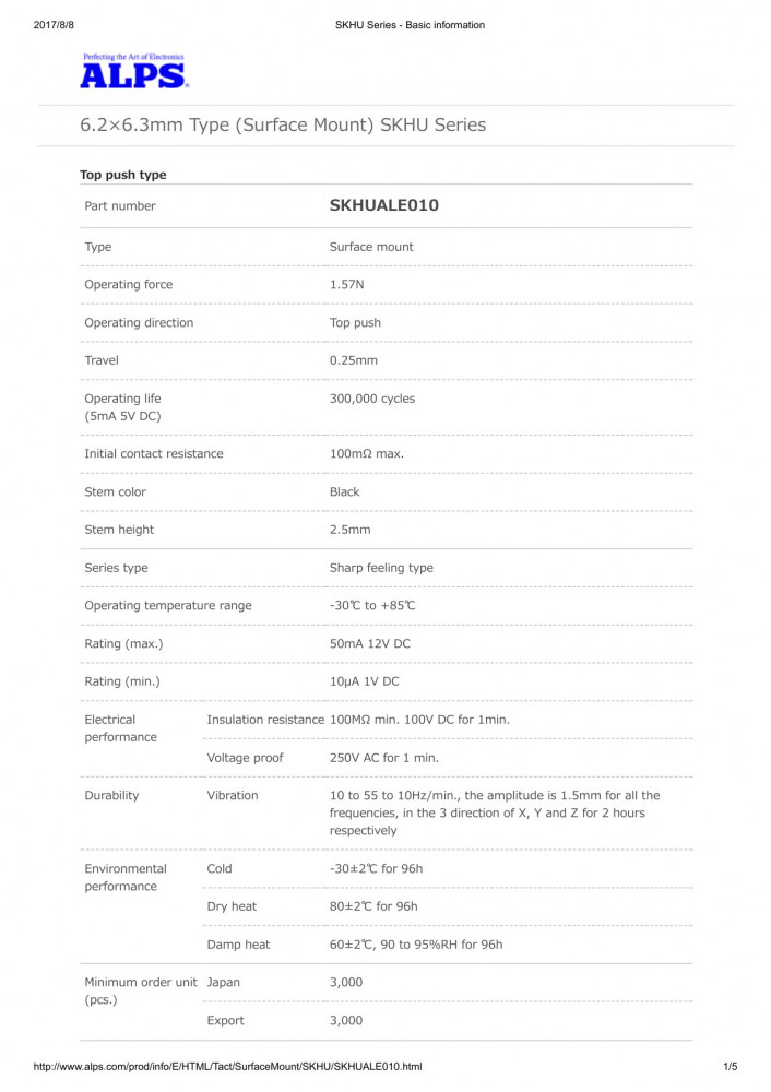 SKHUALE010 product specification page