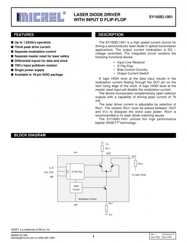SY100EL1001ZI-TR datasheet page 1