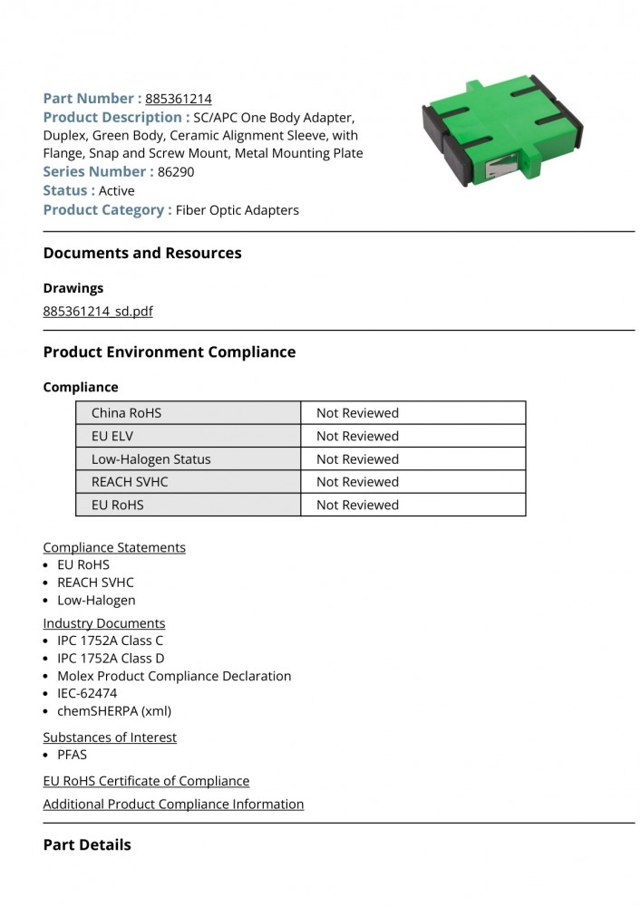 MOLEX 885361214 product drawing, page 1