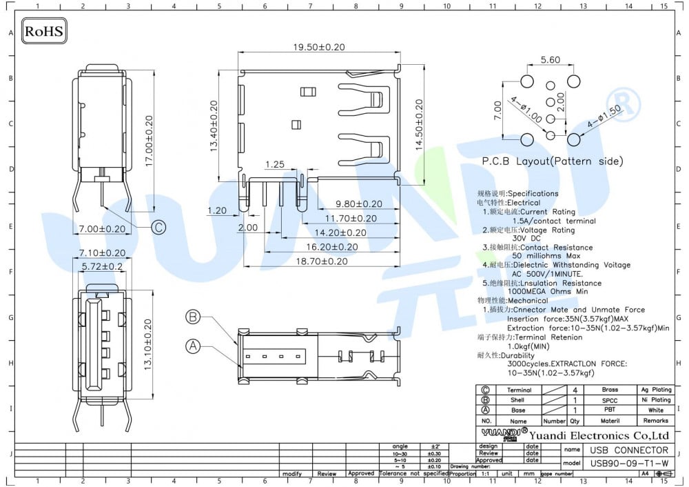 Yuandi USB90-09-T1-W technical drawing