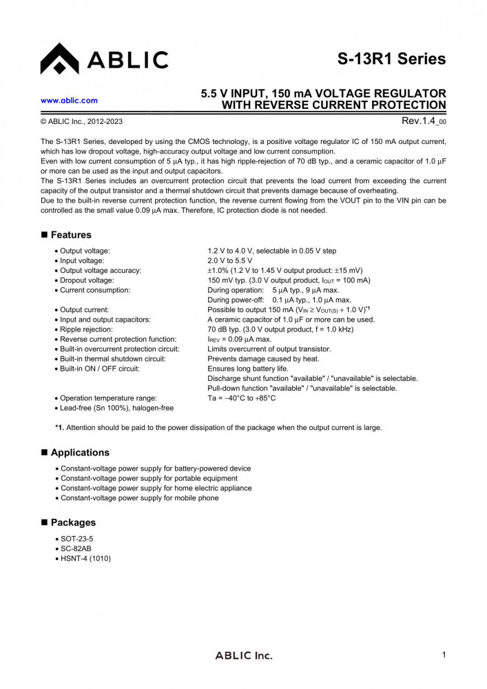 ABLIC S-13R1 datasheet page 1
