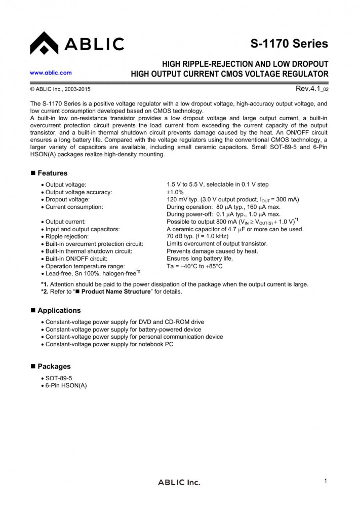 S-1170 datasheet page 1