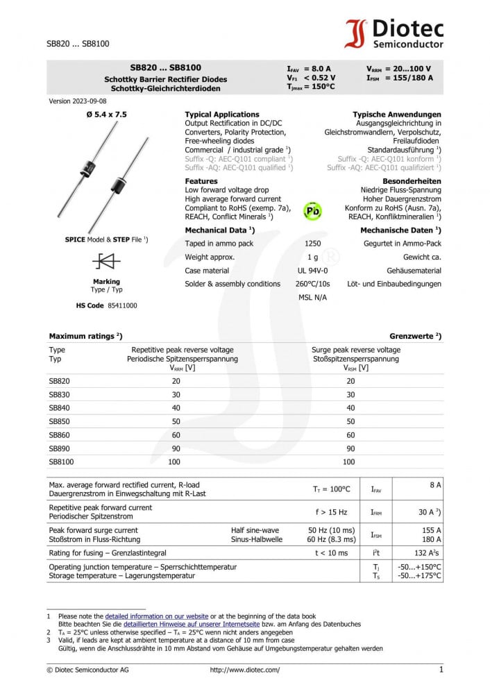 DIOTEC SB850 datasheet page 1