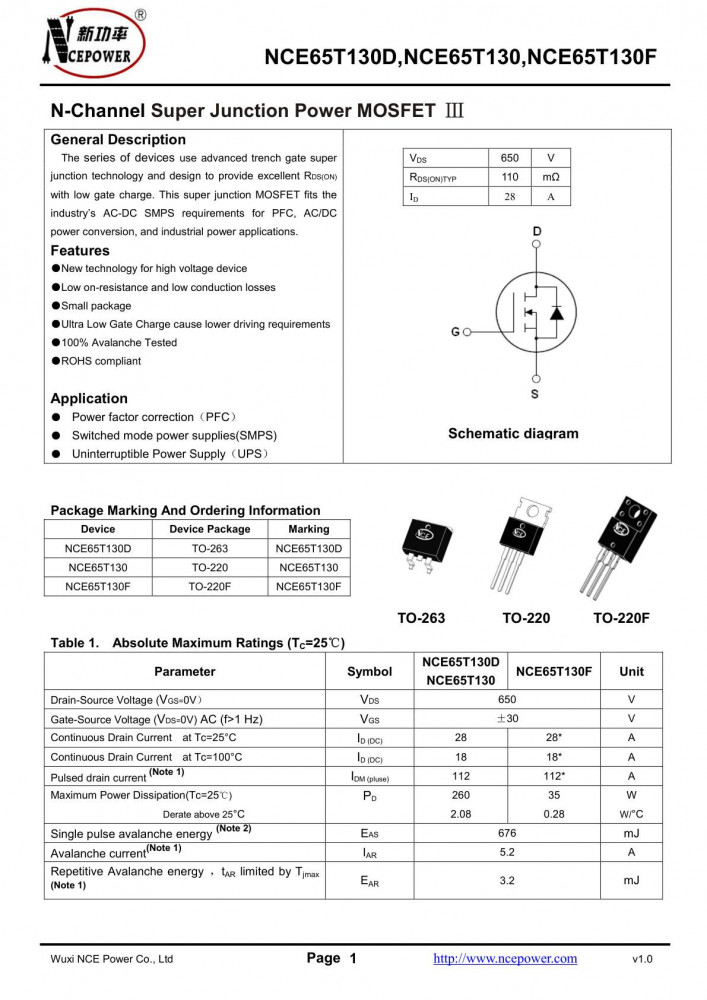 NCE65T130F datasheet page 1