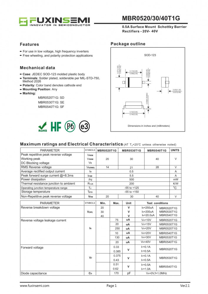 MBR0540T1G datasheet page 1