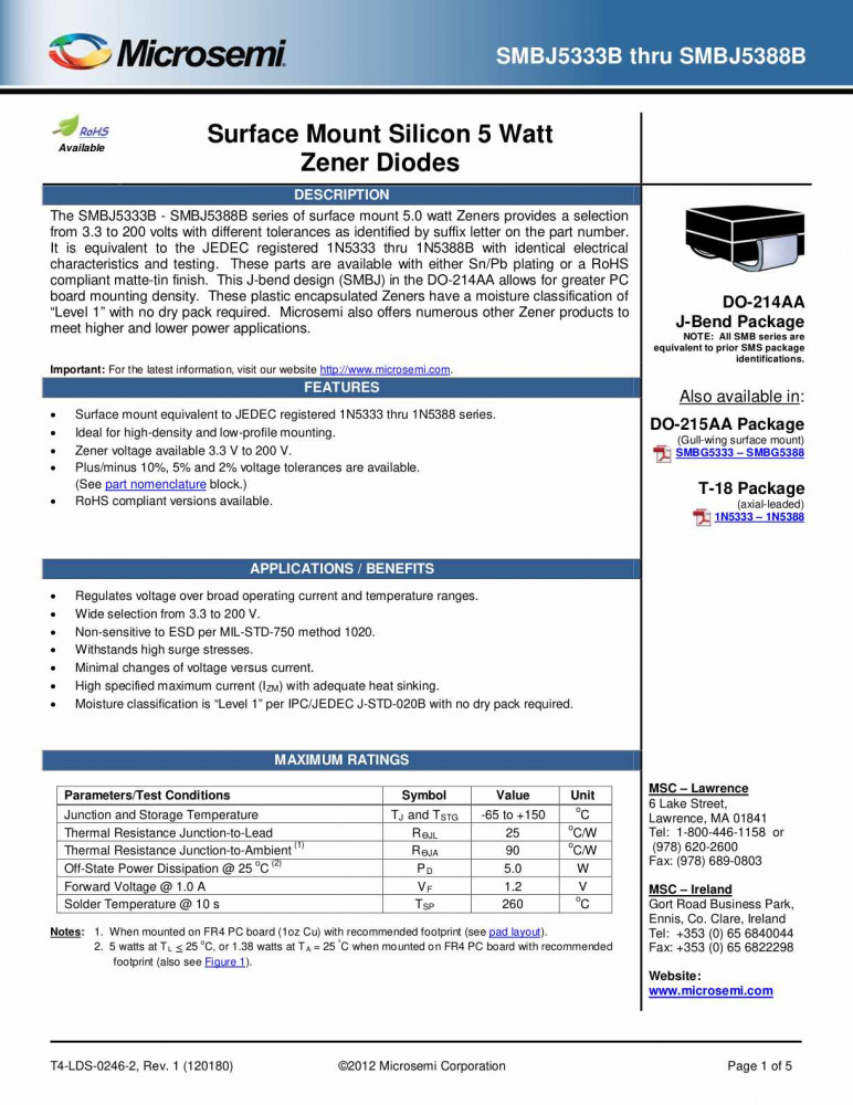 SMBJ5340BE3/TR13 datasheet page 1
