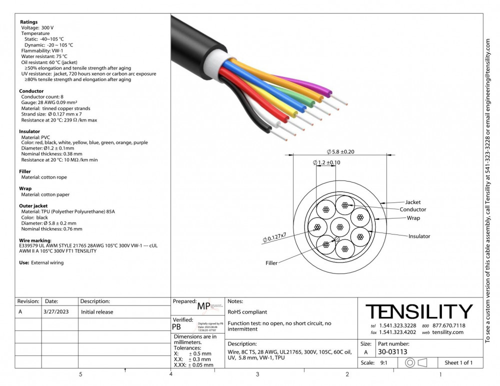 Tensility International 30-03113 cable product drawing