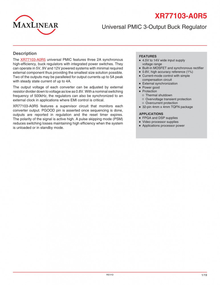 XR77103ELBTR-A0R5 datasheet page 1