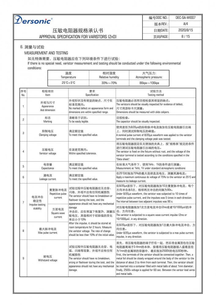 Dersonic varistor approval specification page 9