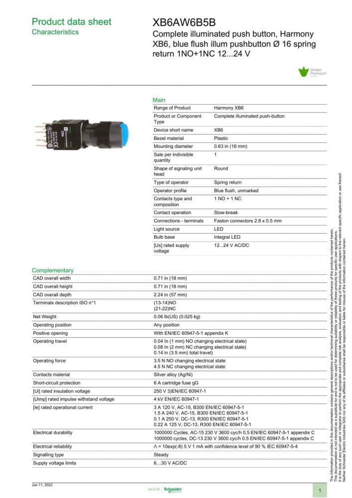XB6AW6B5B technical document page 1