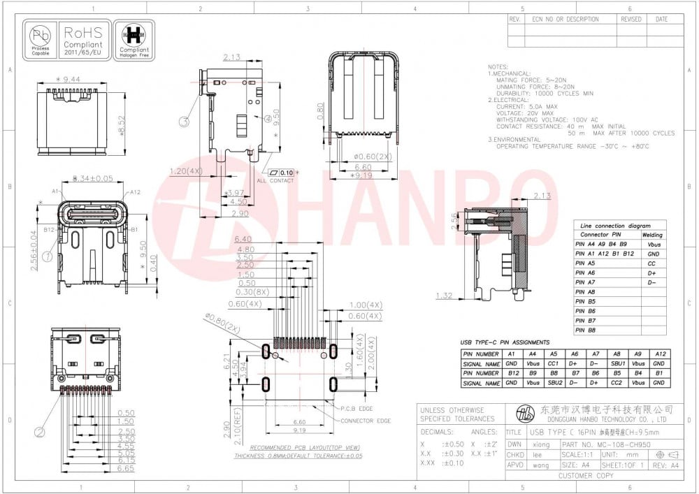 Hanbo Electronic MC-108-CH950 USB Type-C 16-pin connector drawing