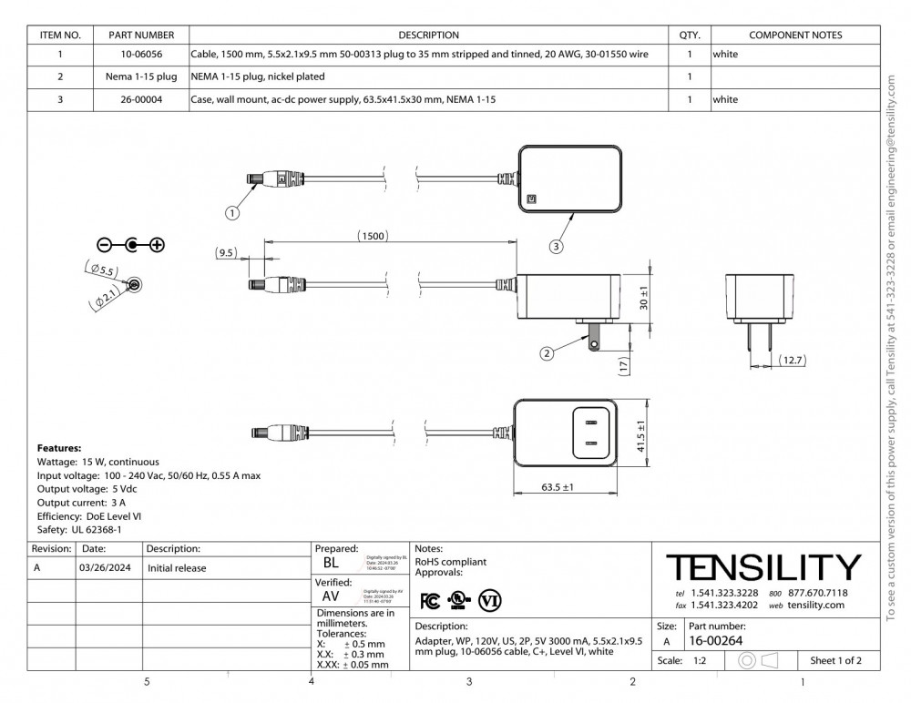 Tensility International 16-00264 product drawing, page 1