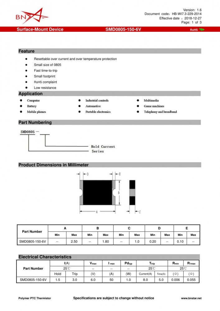 BNstar SMD0805-150-6V datasheet page 1