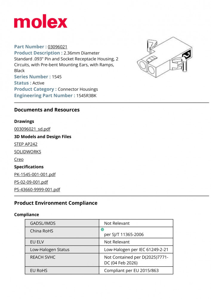 MOLEX .093 Standard Pin and Socket specification page 1