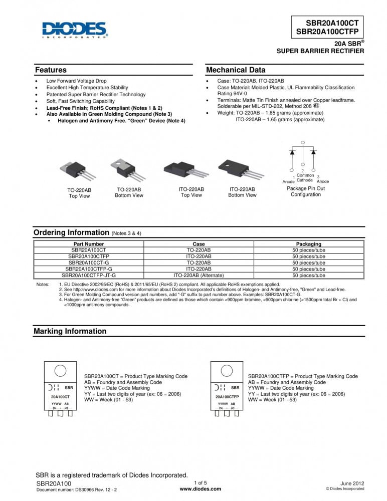 SBR20A100CTFP-G datasheet page 1
