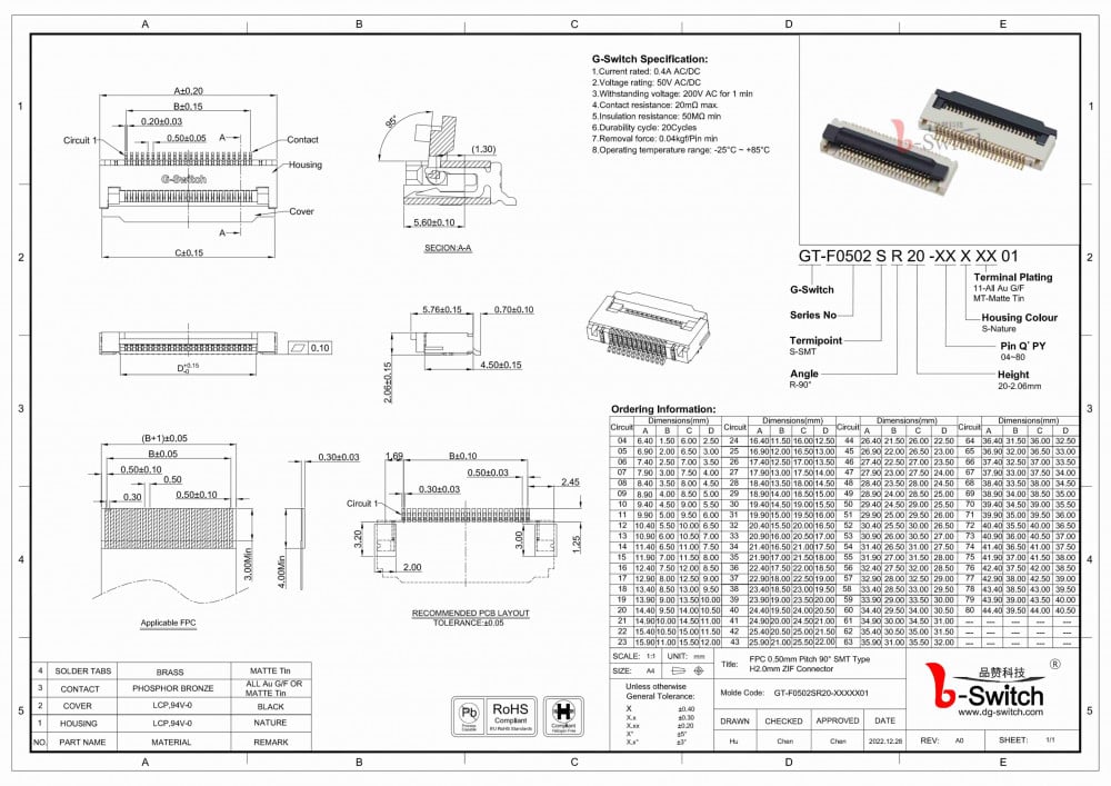 G-Switch GT-F0502SR20-26SMT01 technical drawing