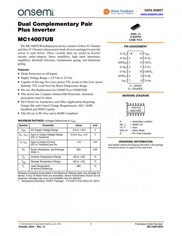 MC14007UB datasheet page 1