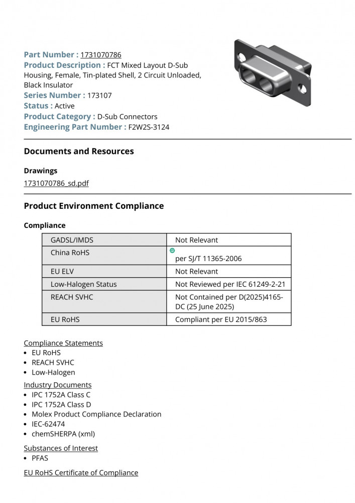 MOLEX 1731070786 product drawing preview, page 1