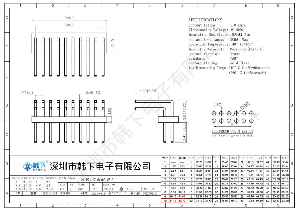 HX PZ1.27-2x10P WZ-P technical drawing and recommended PCB layout