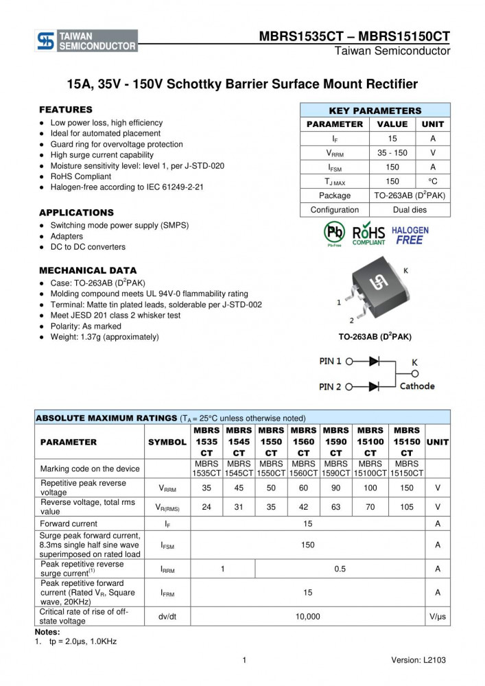 MBRS15150CT datasheet page 1