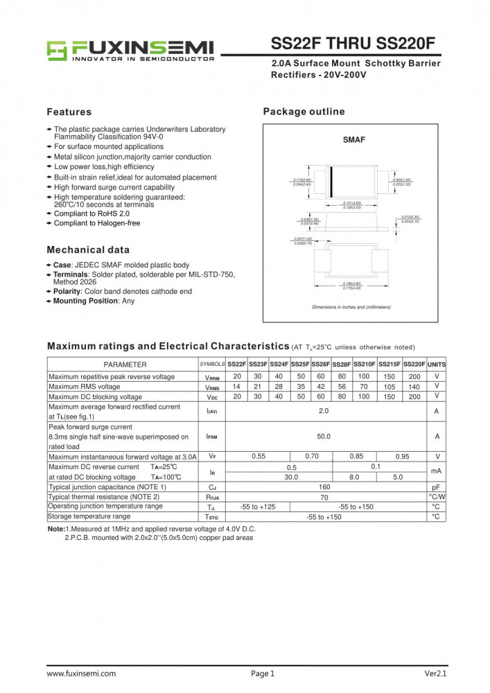 SS210F datasheet page 1