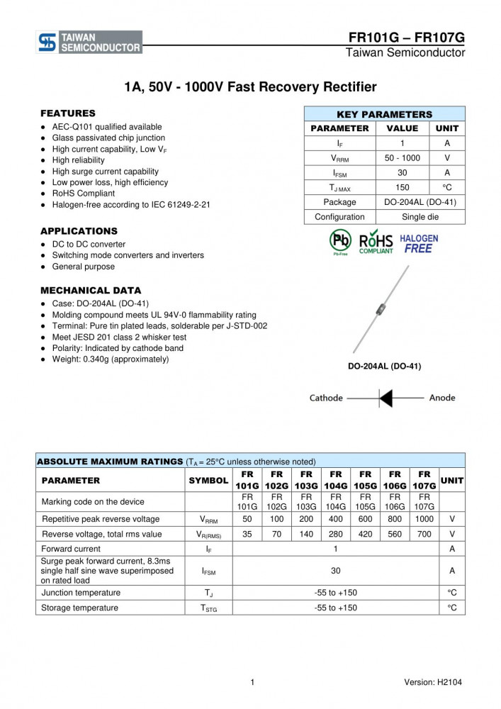 FR103G datasheet page 1
