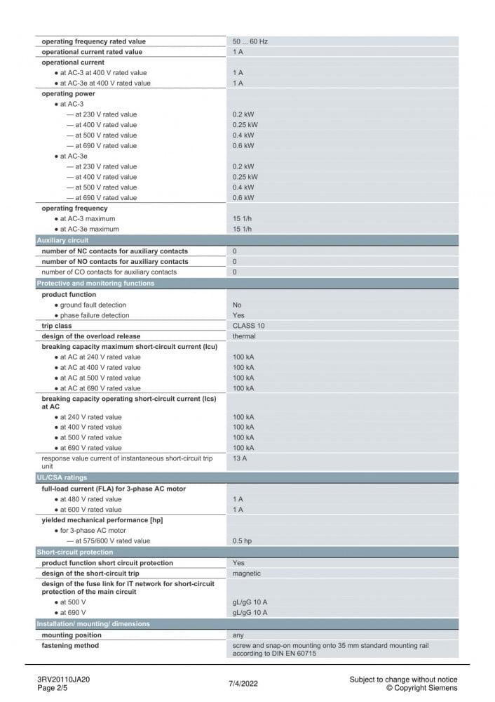 3RV20110JA20 technical document page 2