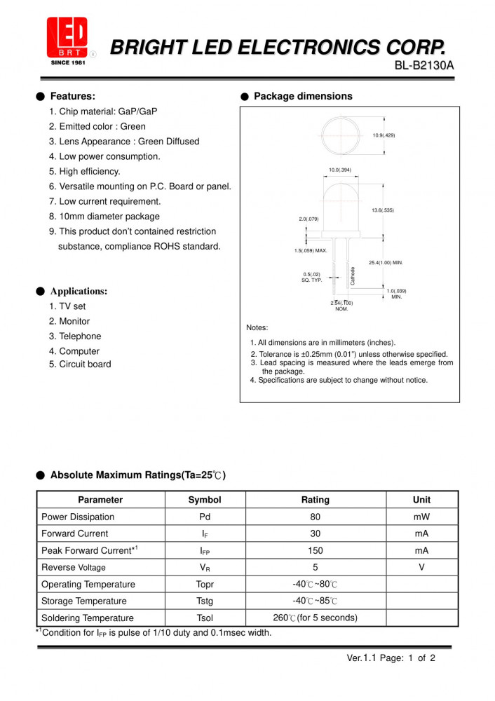 BL-B2130A technical document page 1
