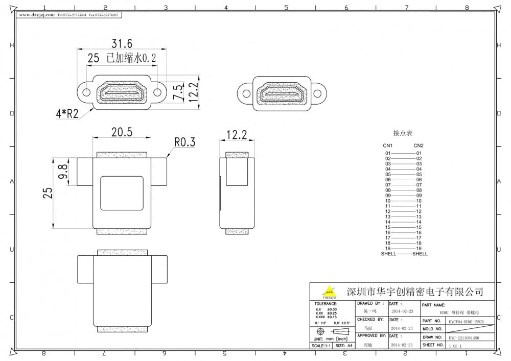 HOAUC HYCW04-HDMI-250B technical document preview