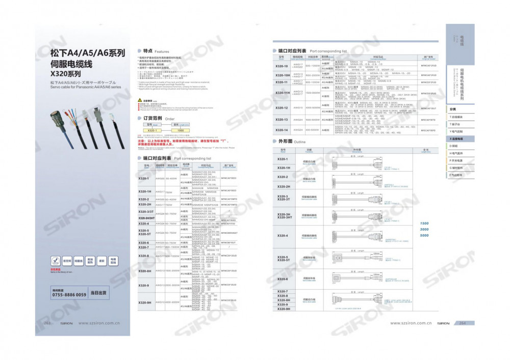 siron X320 series servo cable technical document preview