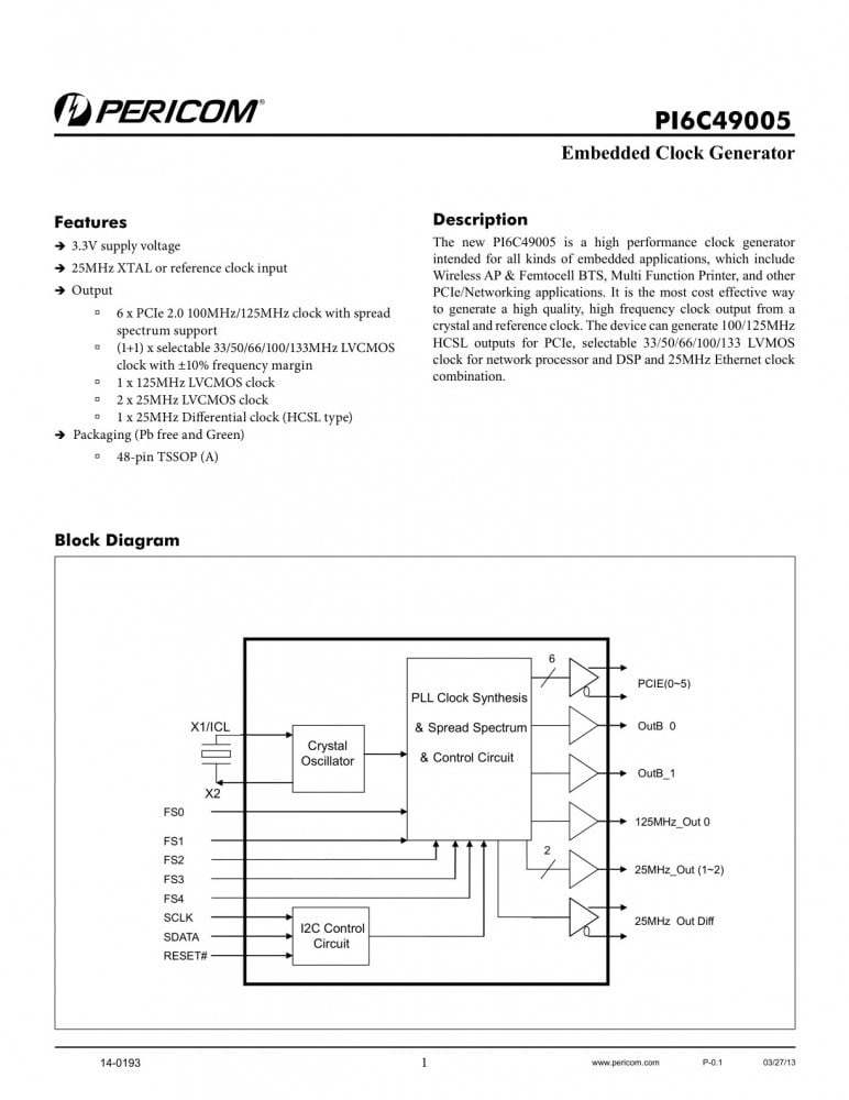 PI6C49005AIE datasheet page 1