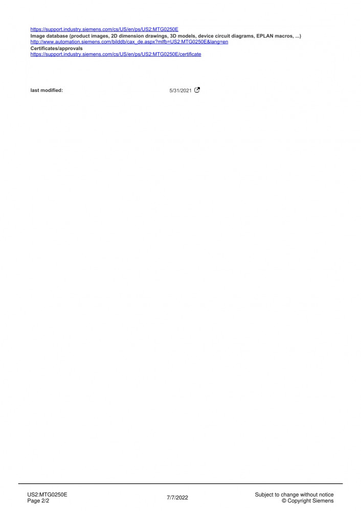 SIEMENS MTG0250E datasheet page 2