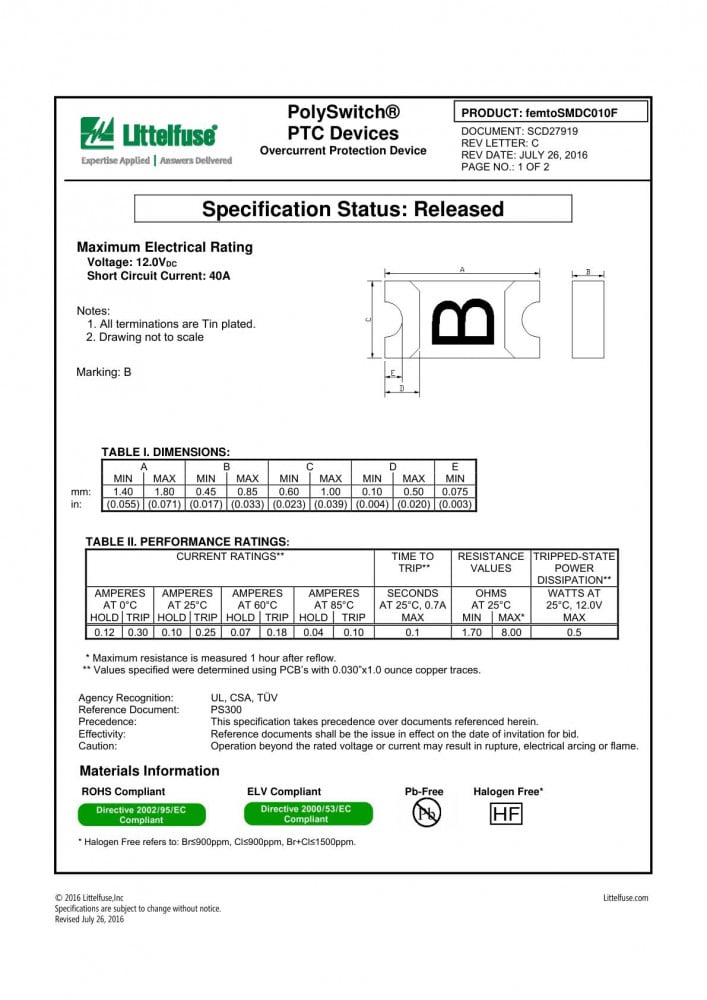 FEMTOSMDC010F-2 specification document page 1