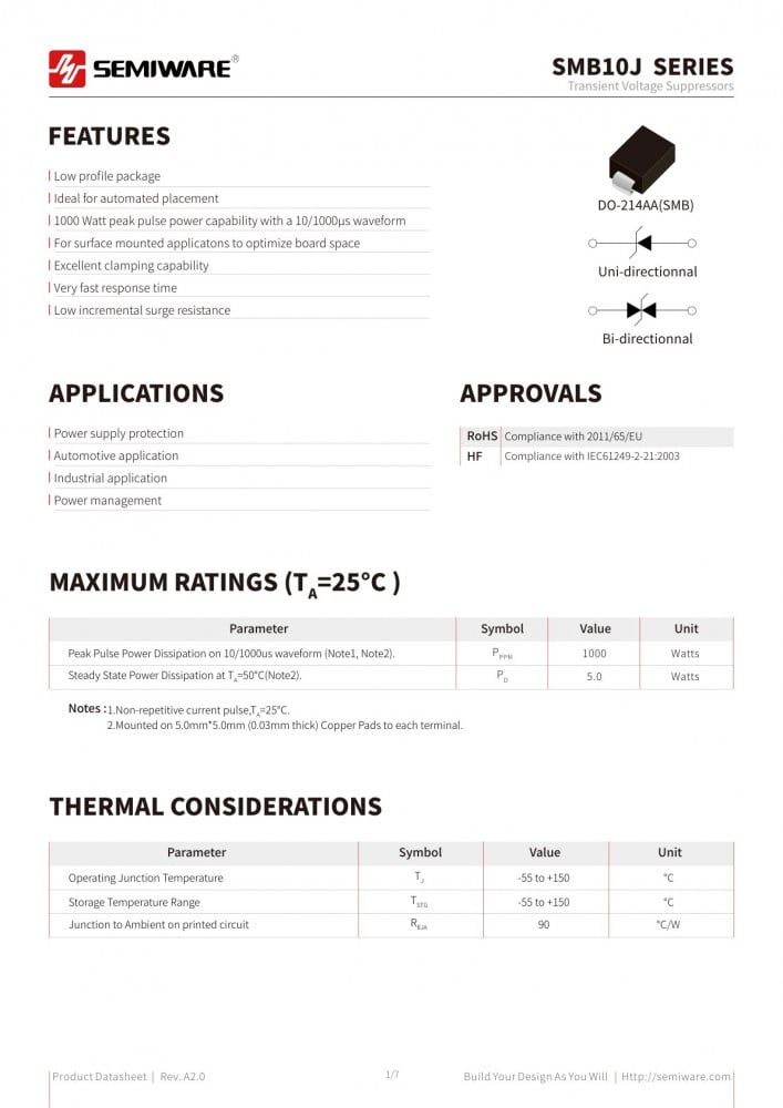 SEMIWARE SMB10J36CA datasheet page 1