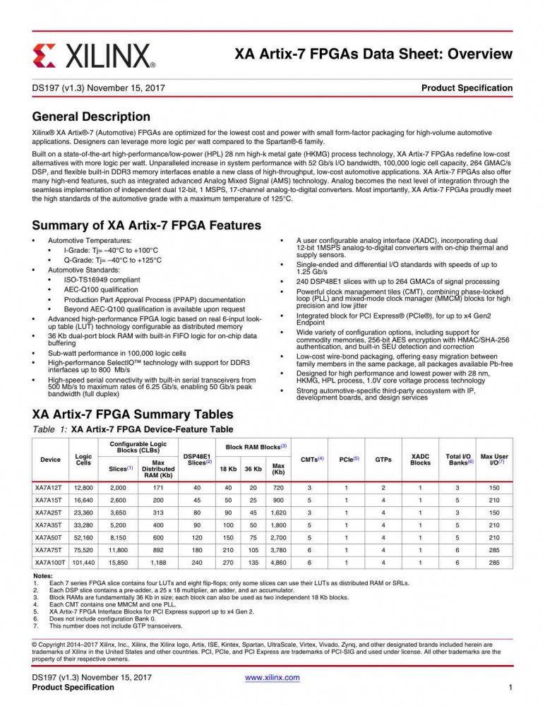 XA Artix-7 document page 1